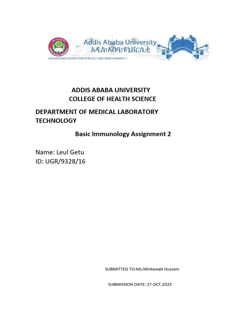 Leul Getu UGR-9328-16 Basic Immunology Assignment 2 | PDF | White Blood ...