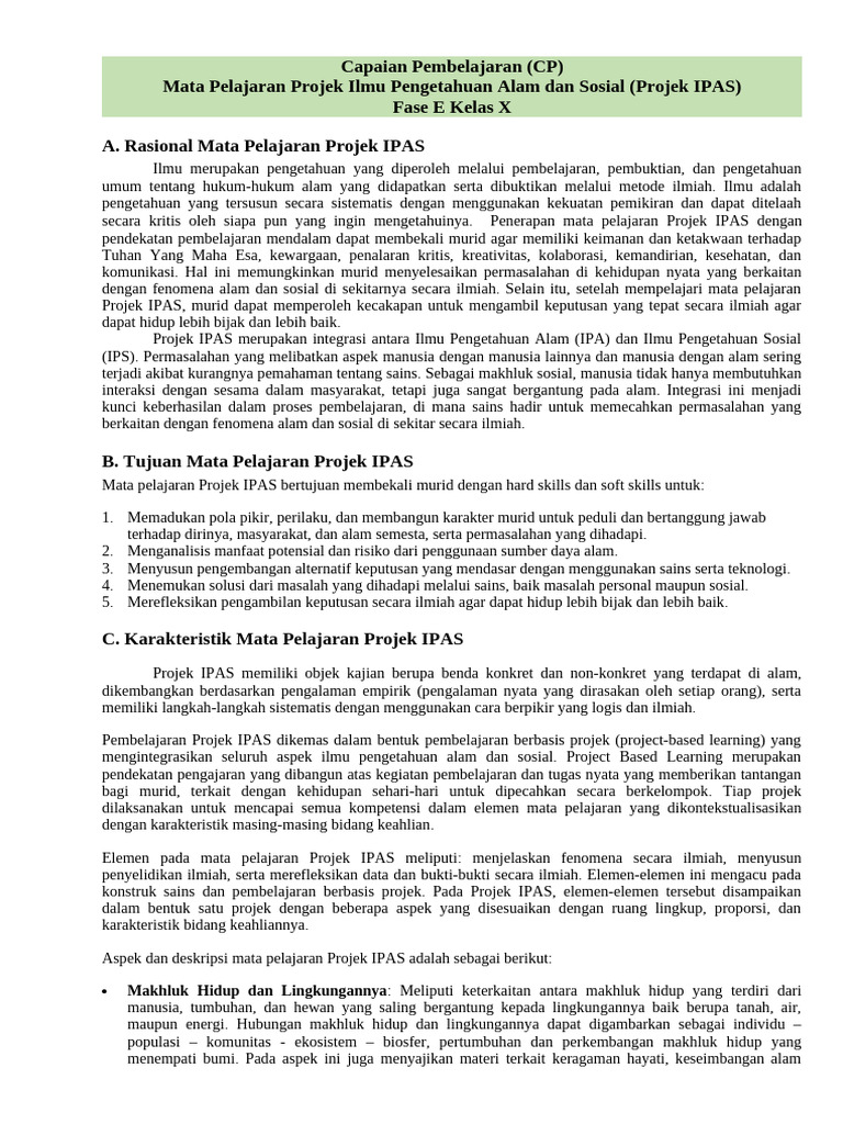 Capaian Pembelajaran Projek IPAS Kelas X | PDF