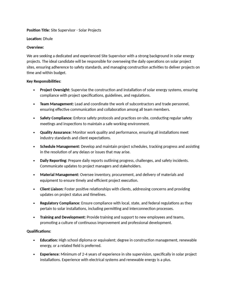 JD - Site Supervisor Solar | PDF | Regulatory Compliance | Safety