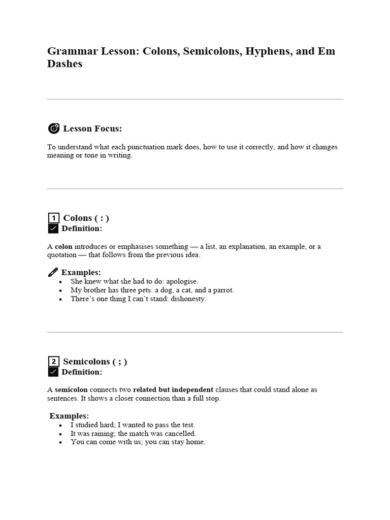 Grammar LessonHyphens, Colons, Semi-Colons | PDF | Punctuation | Notation