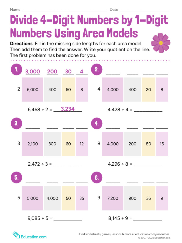 Divide 4 Digit Numbers by 1 Digit Numbers Using Area Models | PDF