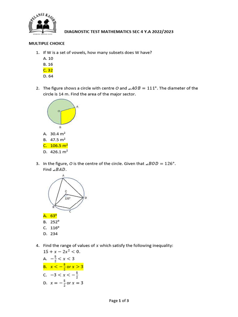 Diagnostic Test Mathematics Sec 4 With A.K | PDF | Mathematics