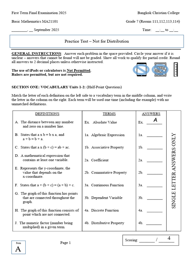Semester 1 Basic Math Final - Practice Test | PDF | Function ...