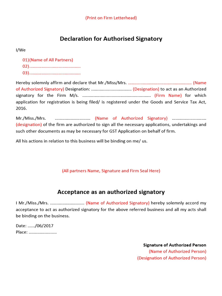Partnership Firm Authorization Letter For GST | PDF