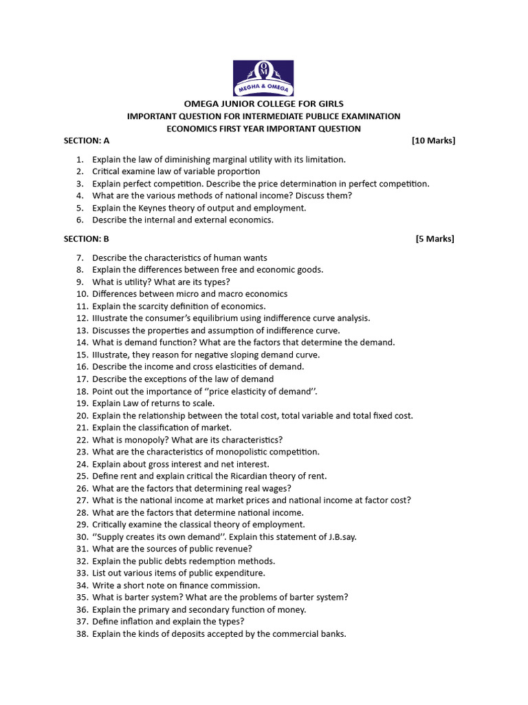 Economics First Year Important Question | PDF | Economics | Demand