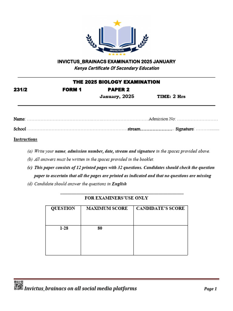 2025 Biology Exam Paper for KCSE | PDF | Cell (Biology) | Volume