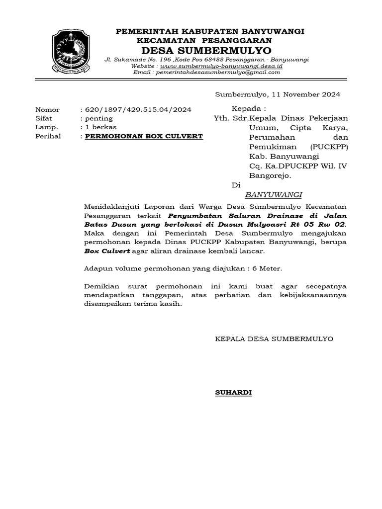 Permohonan Box Culvert Desa Sumbermulyo | PDF