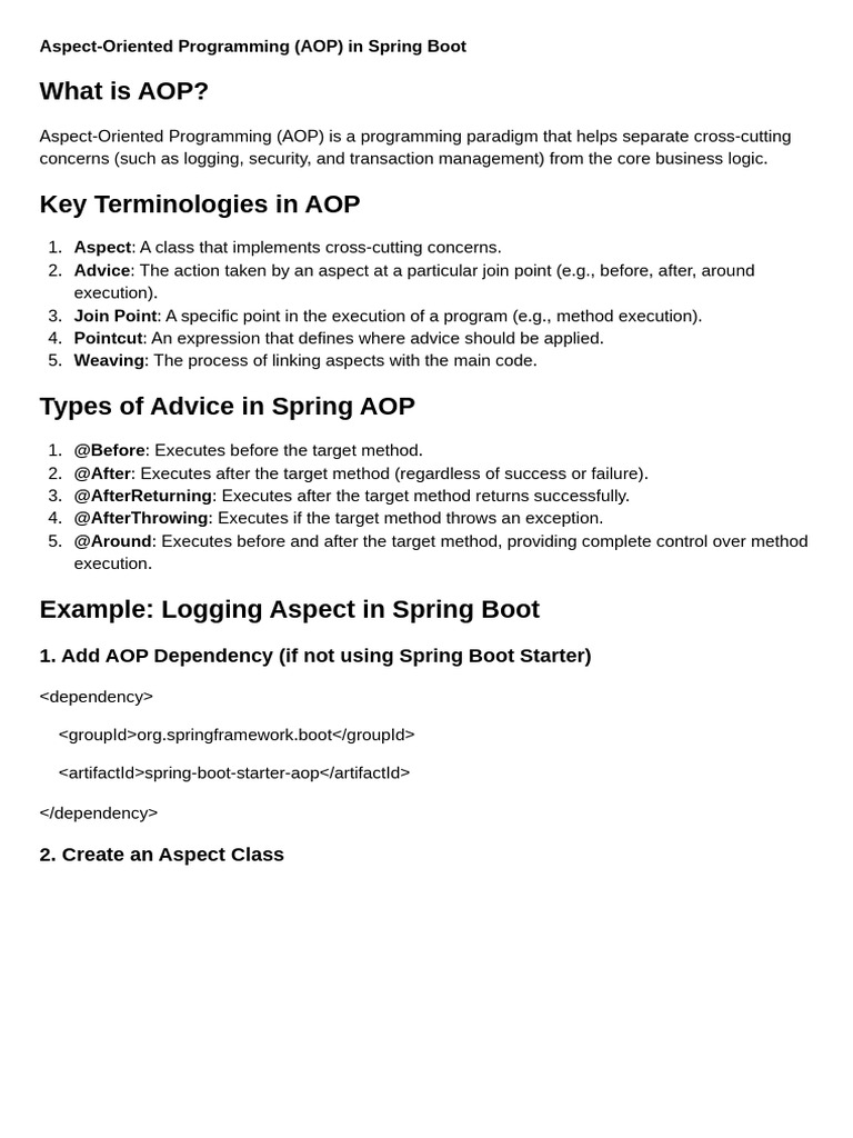 Aspect-Oriented Programming (AOP) in Spring Boot | PDF