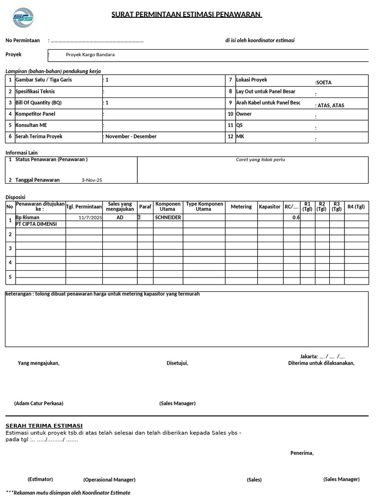 Form Permintaan Estimasi Sps r2 Proyek Kargo Bandara | PDF