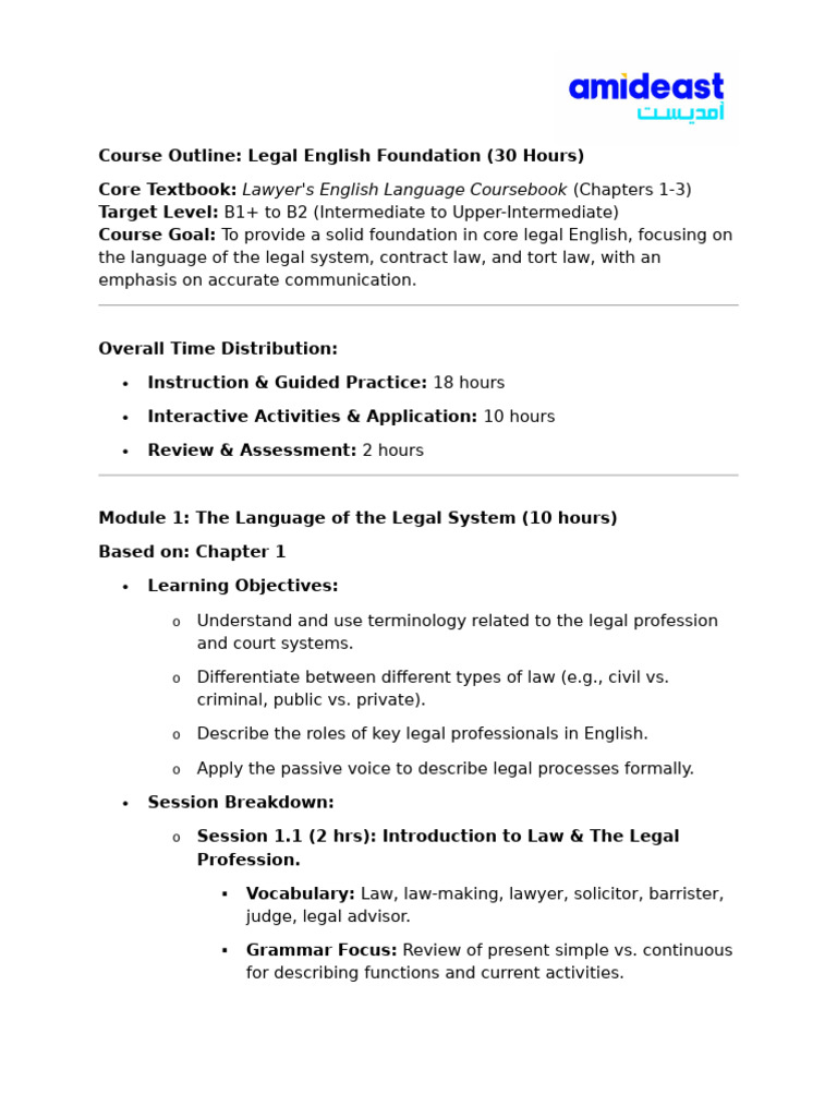 Legal English Upper Intermediate - Course Outline | PDF | Tort | Legal ...