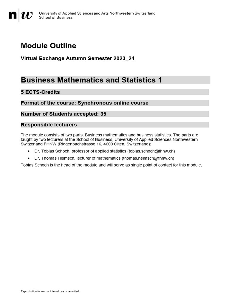Business Mathematics Statistics 1 Module Description As24 HSW FHNW ...