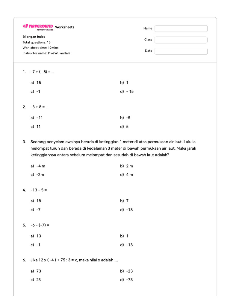 Bilangan Bulat - Wayground | PDF