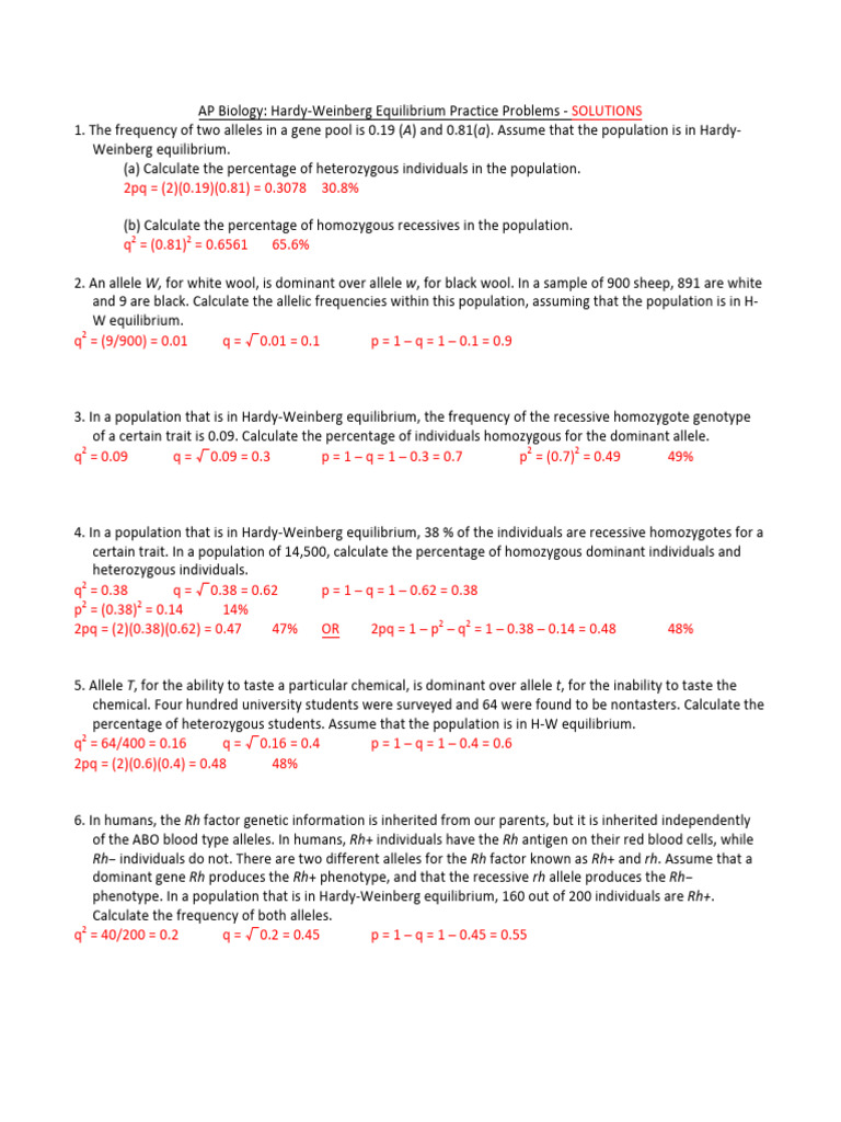 Hardy-Weinberg Equilibrium Practice Solutions | PDF | Zygosity | Allele