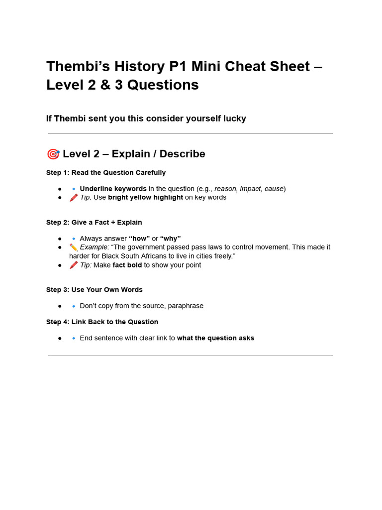Thembi's History P1 Mini Cheat Sheet – Level 2 & 3 Questions | PDF ...
