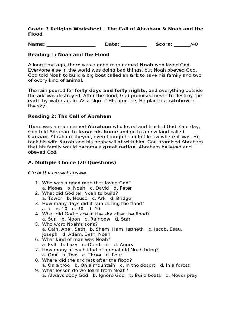 Grade 2 Religion Worksheet | PDF | Abraham | Noah