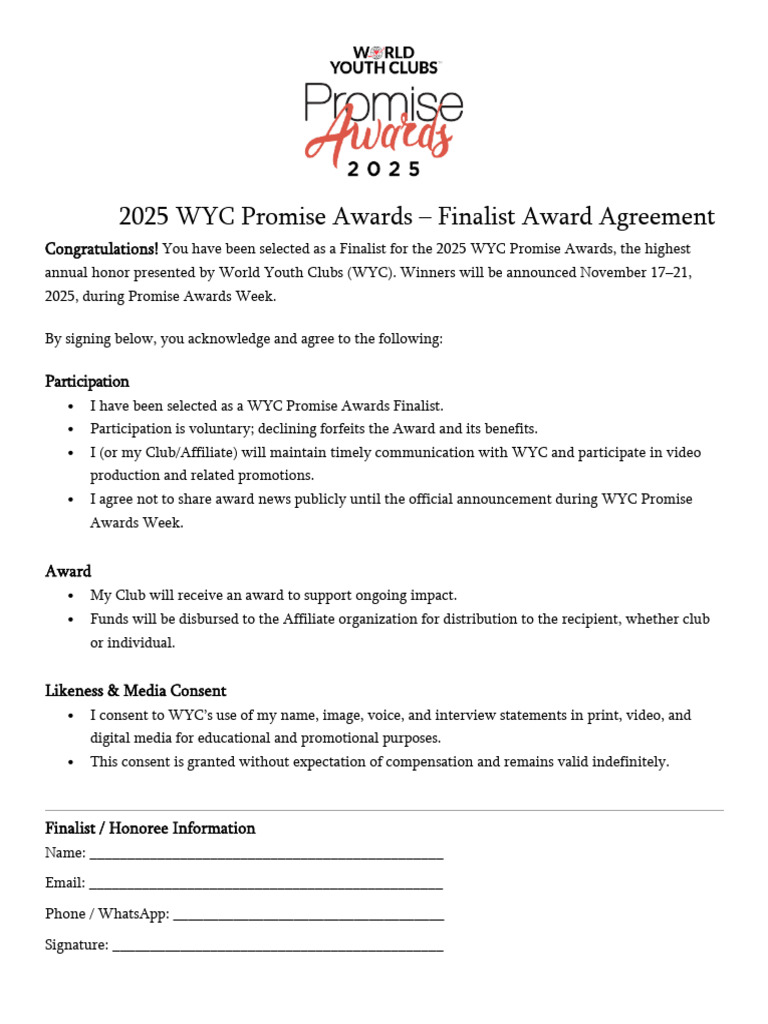 WYC PA Finalist Award Agreement 9-28-25 | PDF