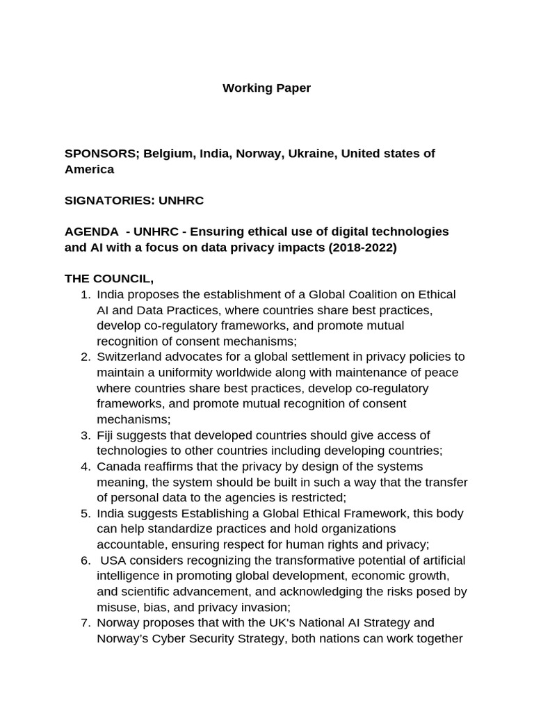 Working Paper For MUN Model United Nations | PDF | Artificial ...