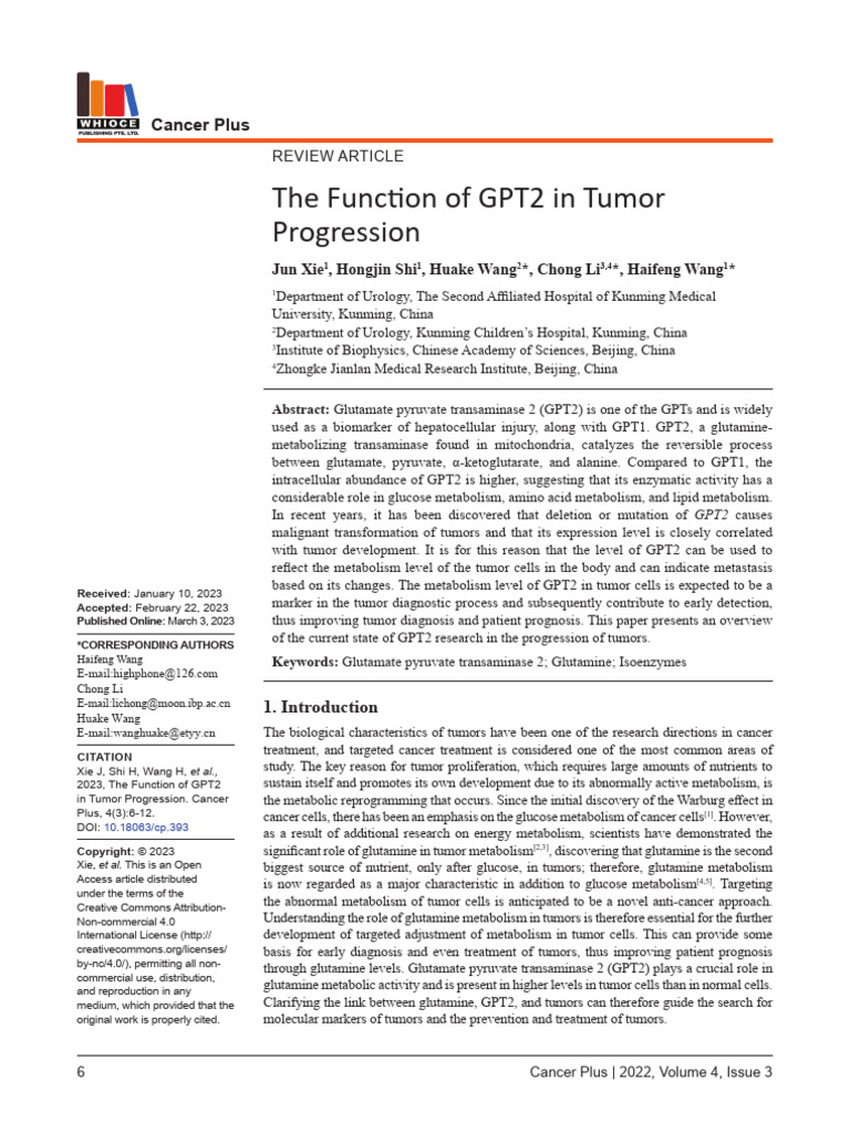 The Functton of GPT2 in Tumor Progression | PDF | Cancer | Carcinoma