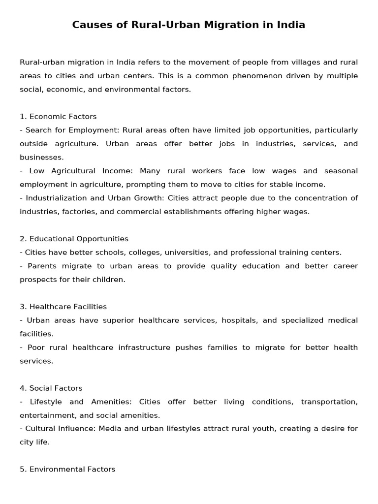 Causes of Rural Urban Migration in India | PDF | Urbanization | Human ...