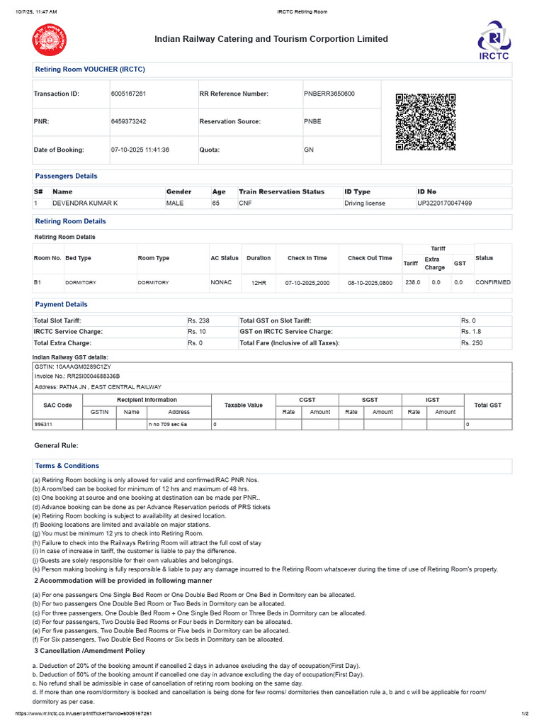 IRCTC Retiring Room | PDF | Dormitory | Taxation