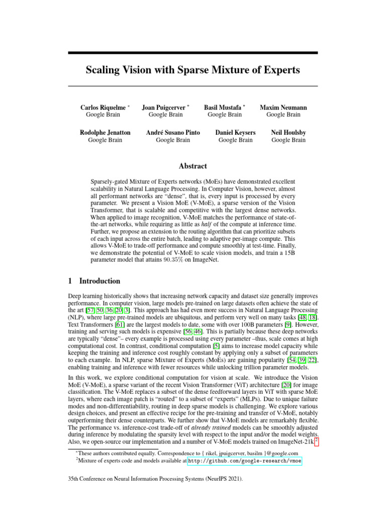 NeurIPS 2021 Scaling Vision With Sparse Mixture of Experts Paper | PDF ...