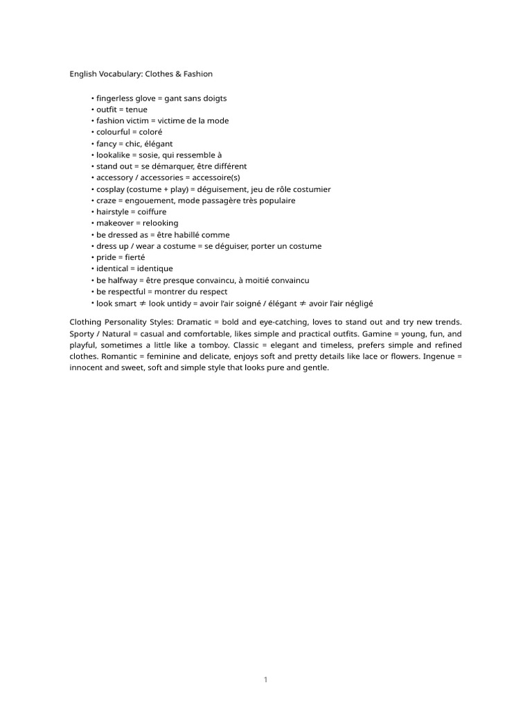 Vocabulary Clothes Styles | PDF