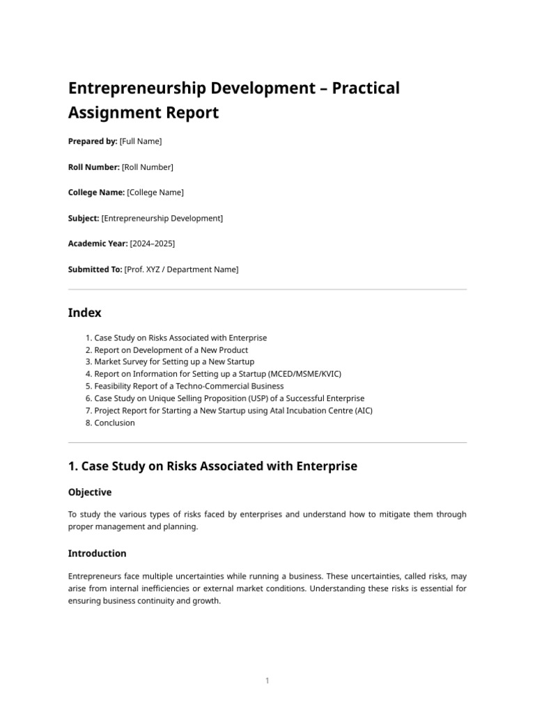Entrepreneurship Practical Report | PDF | Startup Company | Small ...