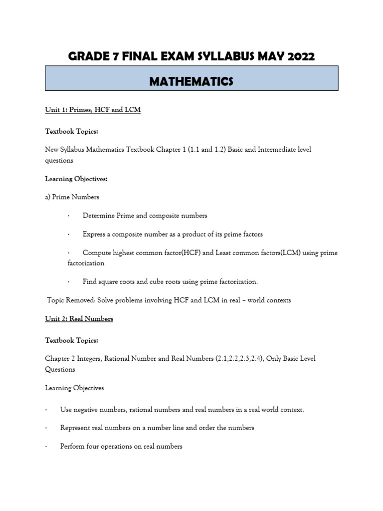 Grade 7 Final Exam Syllabus 2022 | PDF | Numbers | Factorization