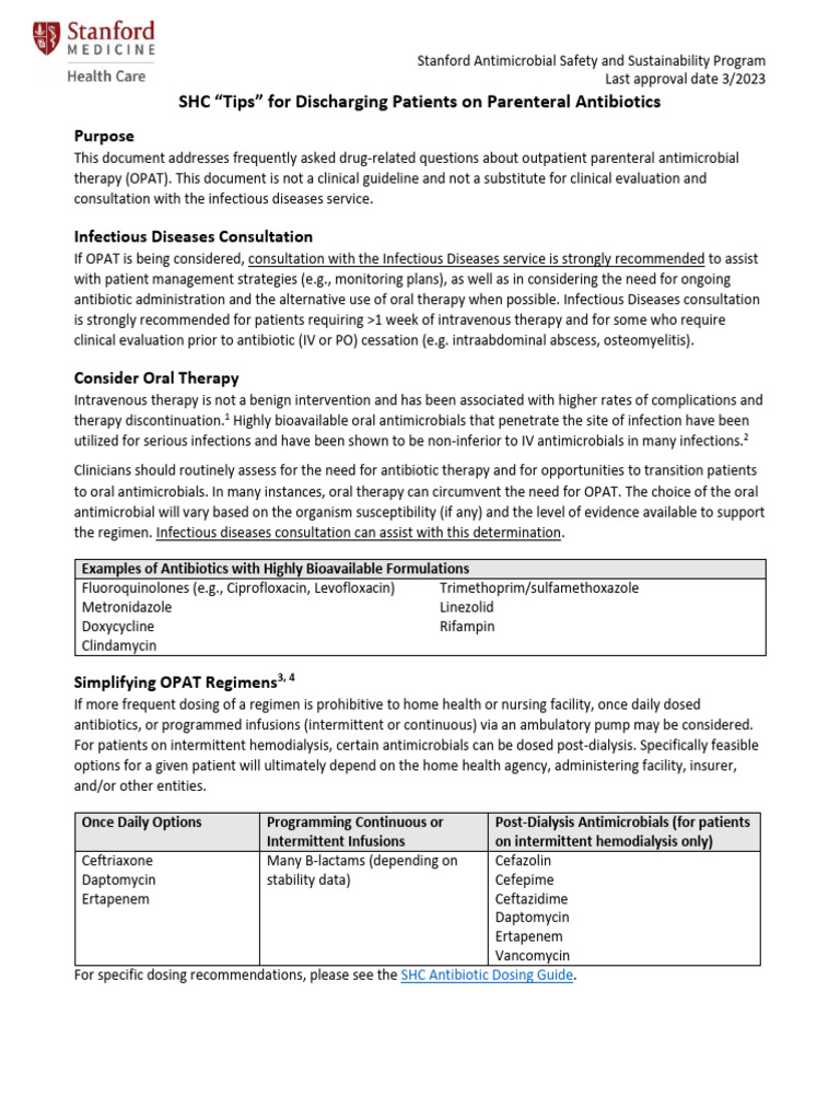 SHC OPAT Tip Sheet | PDF | Intravenous Therapy | Infection
