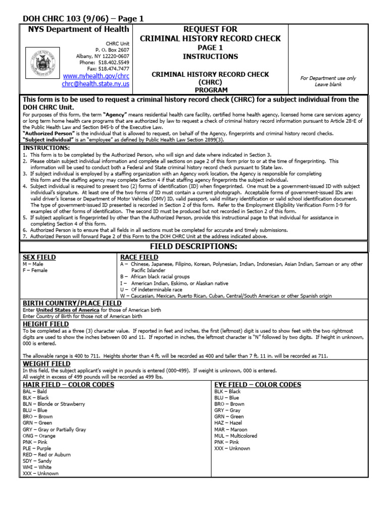 NYS Criminal History Record Check Form | PDF | Identity Document | Race ...