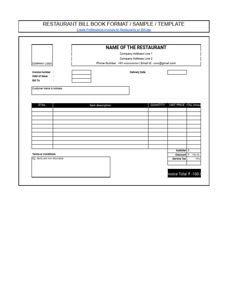 Restaurant Invoice Template Sample | PDF