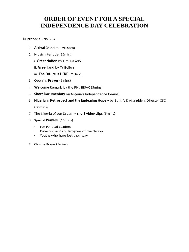 Independence Day Celebration Agenda | PDF