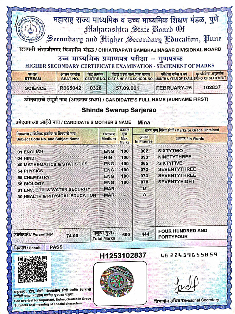 12th Mark Sheet | PDF