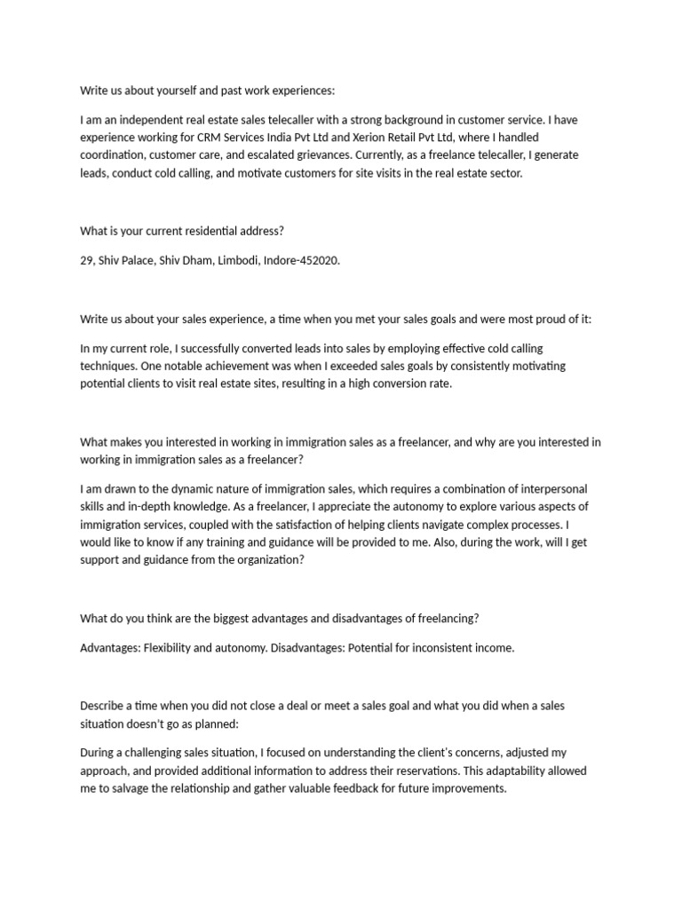 Vivavifa Interview Answers | PDF | Sales | Immigration