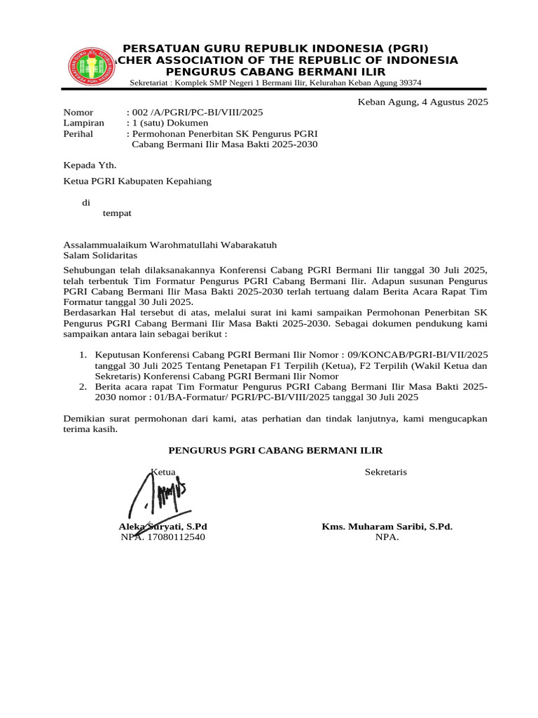 Permohonan Penerbitan SK PC Bermani Ilir | PDF