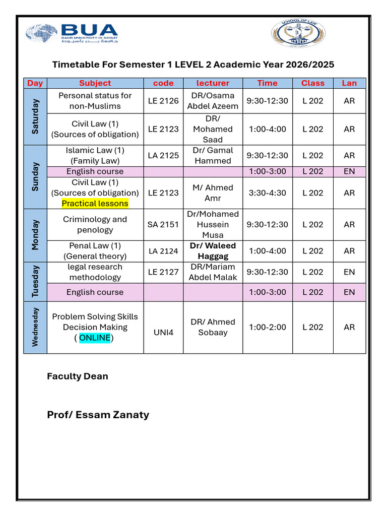 Semester 1 Level 2 Timetable 2026/2025 | PDF