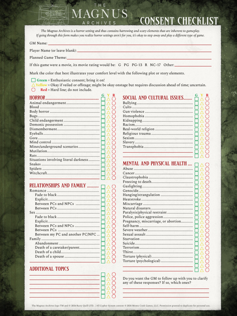 Consent Checklist for Horror RPGs | PDF | Horror Films | Violence