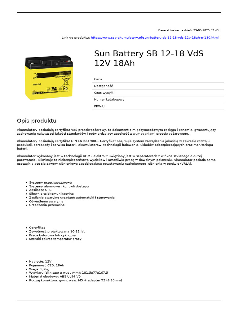 Sun Battery SB 12 18 Vds 12v 18ah | PDF