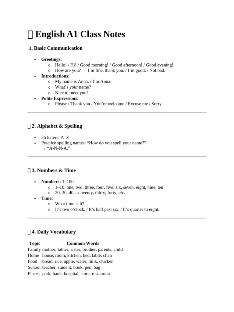 English A1 Class Notes | PDF
