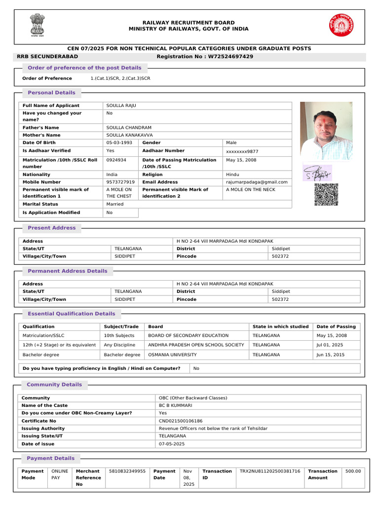Order of Preference of The Post Details: Railway Recruitment Board ...