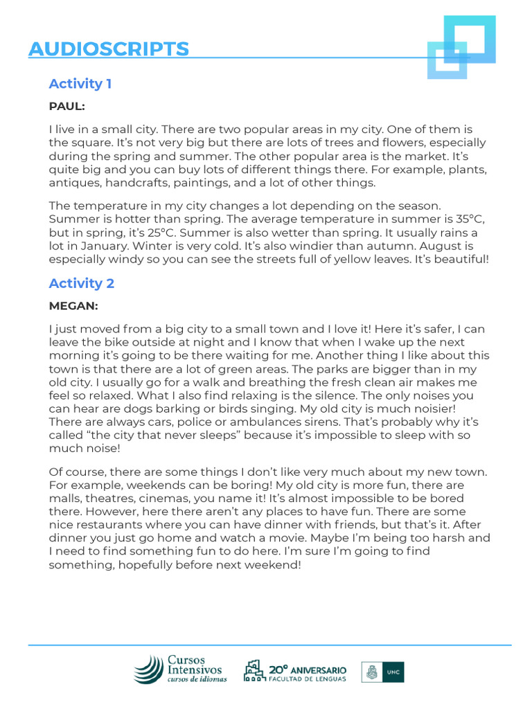 l2 U3 Focusonspeaking Audio Scripts | PDF