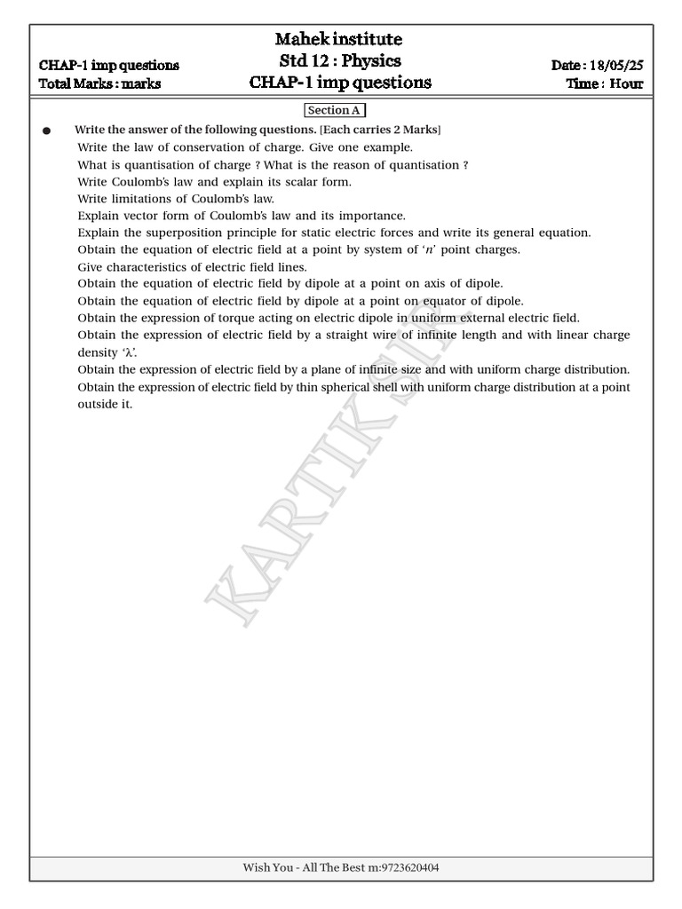 CHAP 1impquestions 2025 | PDF | Electric Field | Classical Mechanics