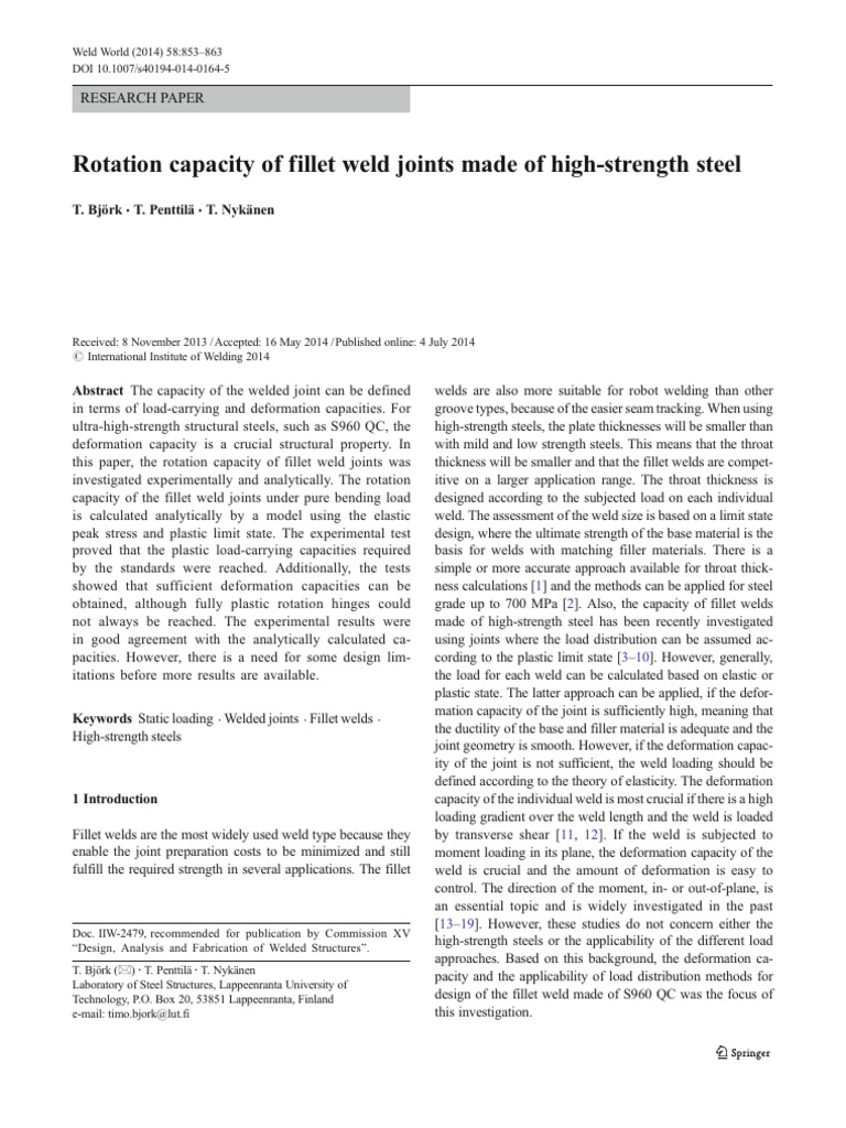 Rotation Capacity Fillet Weld | PDF | Strength Of Materials | Bending