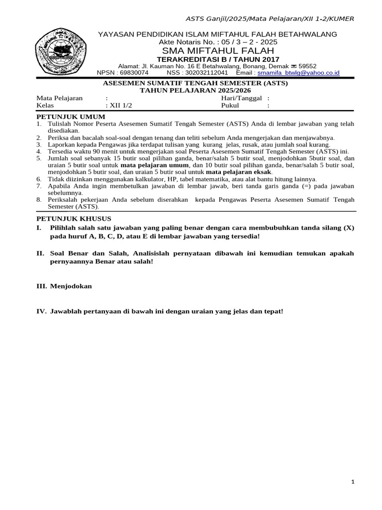Kop Soal Asts 2025 | PDF