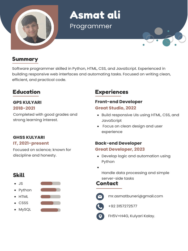 Blue Brown Modern Simple Creative Programmer Resume CV Template ...