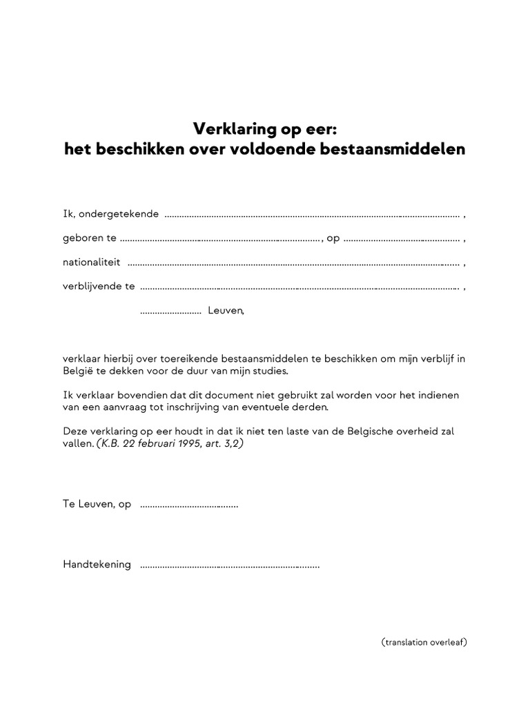 Verklaring Voldoende Bestaansmiddelen - Met Vertaling | PDF