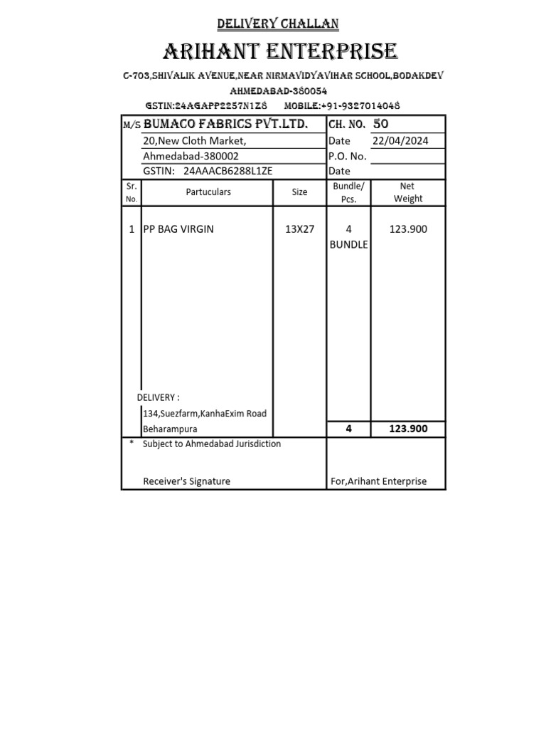 Delivery Challan for Bumaco Fabrics | PDF