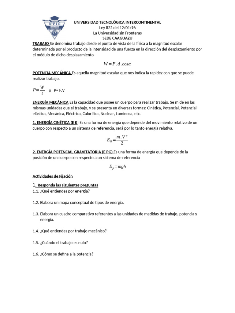 Trabajo - Potencia - Energía | PDF | Energía potencial | Fuerza