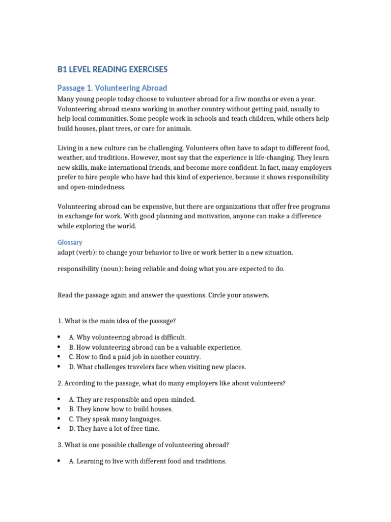 B1 Level Reading Exercises on Volunteering and Car-Free Cities | PDF ...