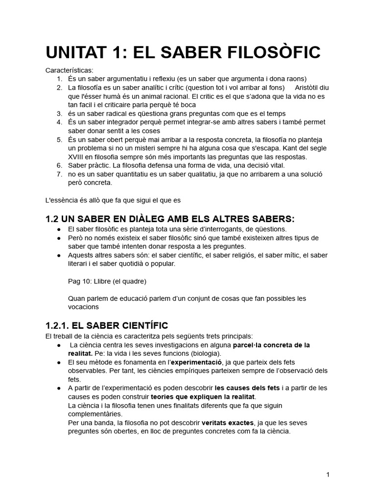 UNITAT 1 - El Saber Filosòfic en Catalan Estudiar | PDF